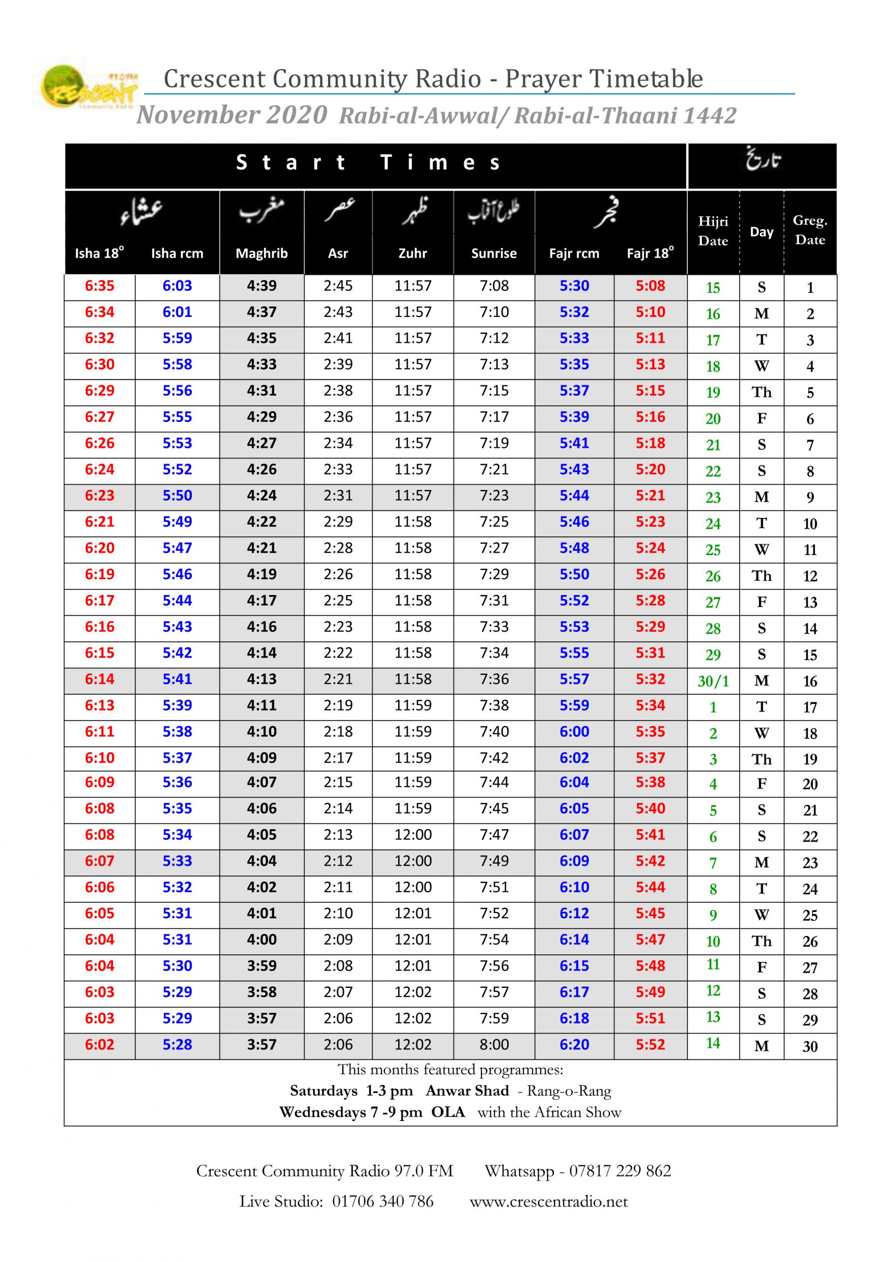 Crescent Prayer Timetable November 2020 – Crescent Community Radio 97FM