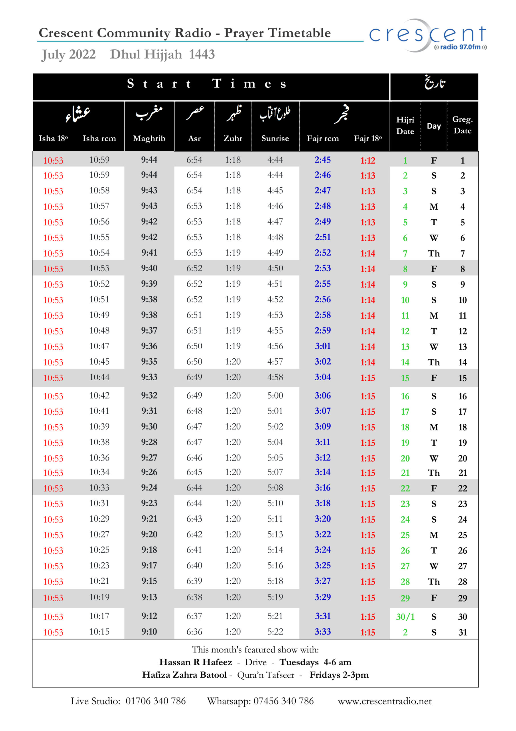 Crescent Prayer Timetable JULY 2022 – Crescent Community Radio 97FM