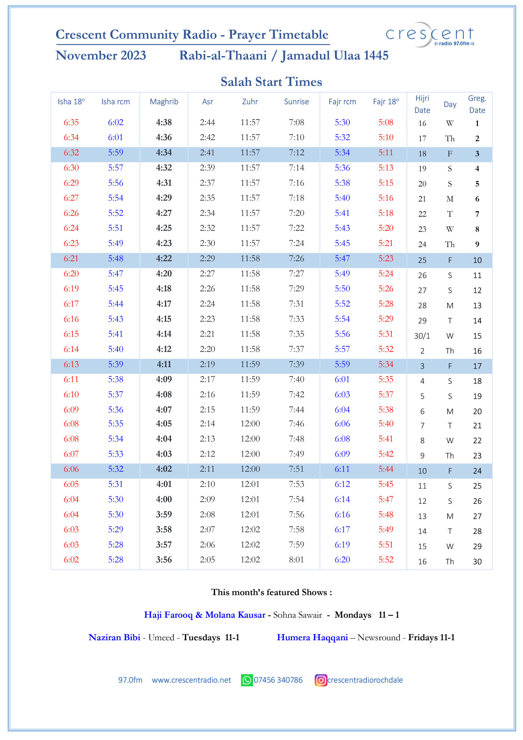 Crescent Prayer Timetable November 23 – Crescent Community Radio 97FM